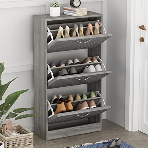 Homsee Modern Shoe Storage Cabinet with 3 Flip Drawers & Twill Louver Doors, Wood 3-Tier Shoe Rack Storage Organizer for Entryway, Hallway & Bedroom, Grey (22.4βL x 9.4βW x 42.3βH)