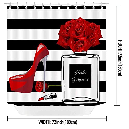 Dia Magico 4PCS Red High Heels Shower Curtain Set, Black White Striped Hello Gorgeous Perfume Lipstick Cosmetic Makeup Rose Flower Romantic Women Bathroom Decor Fabric Shower Curtain Non-slip Bath Mat