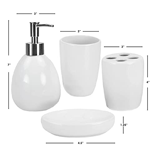4 Piece Ceramic Bathroom Accessory Set with Soap Pump, Soap Dish, Toothbrush Holder & Tumbler, White