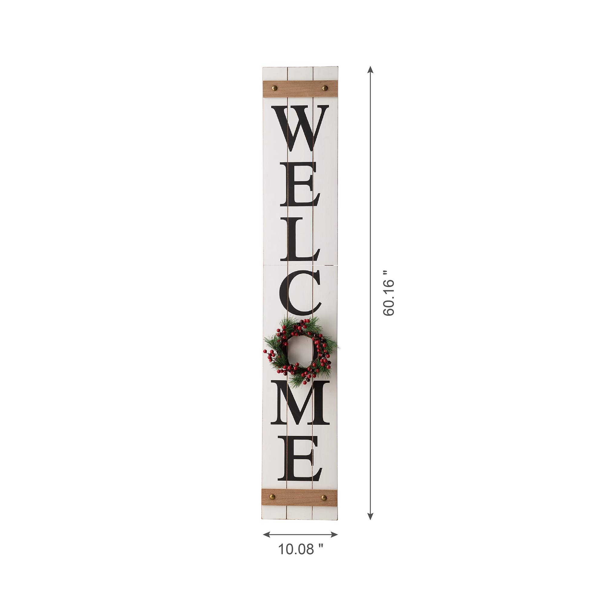 Glitzhome Wooden Welcome Sign for Porch Front Door Outdoor Rustic Farmhouse Vertical Hanging Wall Decor with Changable Wreathes, 60"H, White