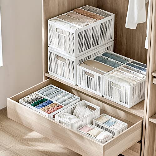 UNZIPE 2 Pack Closet Storage Bins with Handle, Plastic Storage Baskets Organizer Clothes Organizer for folded Clothes Closet Containers for Shelf, Large