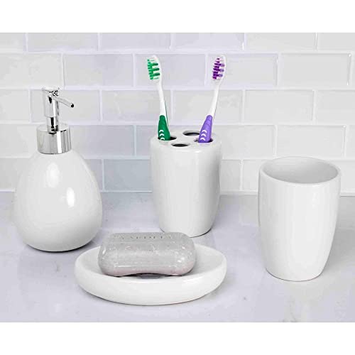 4 Piece Ceramic Bathroom Accessory Set with Soap Pump, Soap Dish, Toothbrush Holder & Tumbler, White