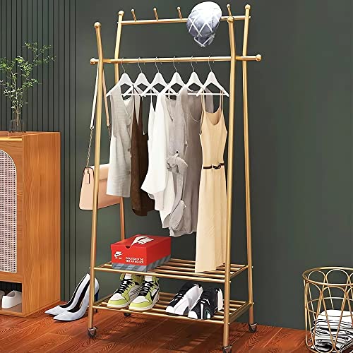 HEONITURE Gold Clothing Rack with Shelves, Rolling Garment Rack for Hanging Clothes, Heavy Duty Choset Clothes Rack for Indoor Bedroom Sturdy Steel Frame（31.5"）