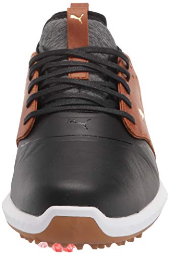 Puma Men's Ignite Pwradapt Caged Crafted Golf Shoe, Puma Black-Leather Brown-Puma Team Gold, 9