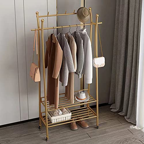 HEONITURE Gold Clothing Rack with Shelves, Rolling Garment Rack for Hanging Clothes, Heavy Duty Choset Clothes Rack for Indoor Bedroom Sturdy Steel Frame(31.5")