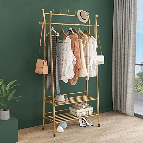 HEONITURE Gold Clothing Rack with Shelves, Rolling Garment Rack for Hanging Clothes, Heavy Duty Choset Clothes Rack for Indoor Bedroom Sturdy Steel Frame(31.5")