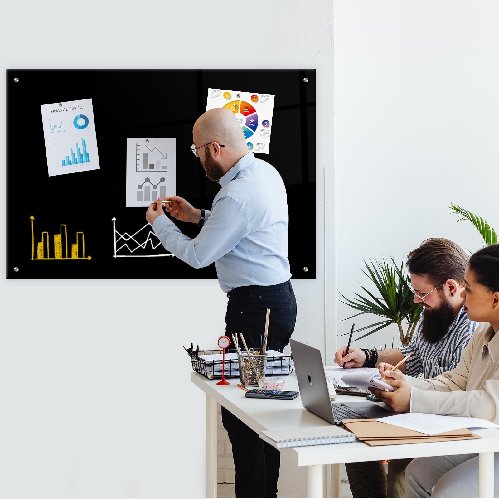 QUEENLINK Black Dry Erase Board, 4' x 3' Magnetic Glass Whiteboard for Wall,48" x 36" Large Black Glass Magnetic Board with 1 Marker Tray and 3 Magnets for Office, Home, Classroom