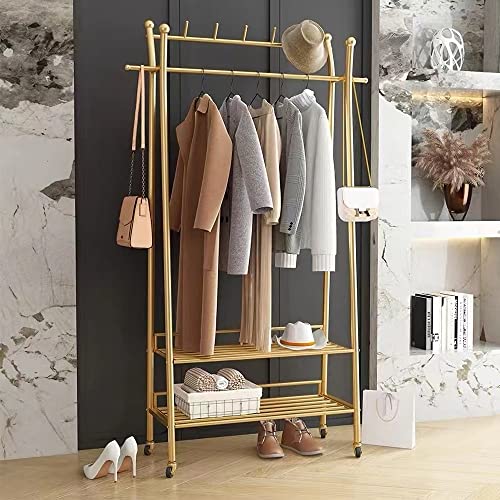 HEONITURE Gold Clothing Rack with Shelves, Rolling Garment Rack for Hanging Clothes, Heavy Duty Choset Clothes Rack for Indoor Bedroom Sturdy Steel Frame(31.5")