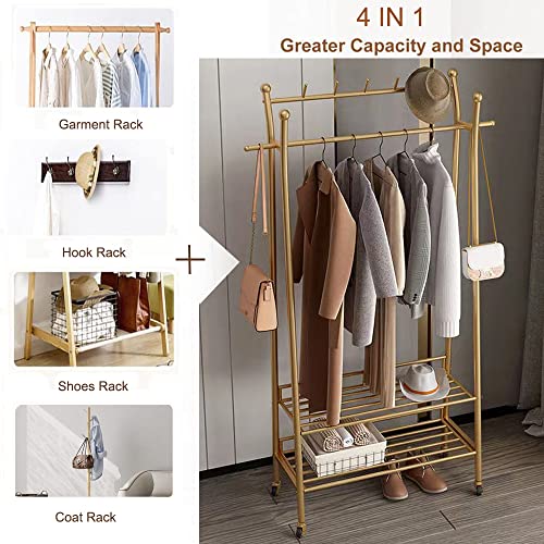 HEONITURE Gold Clothing Rack with Shelves, Rolling Garment Rack for Hanging Clothes, Heavy Duty Choset Clothes Rack for Indoor Bedroom Sturdy Steel Frame(31.5")