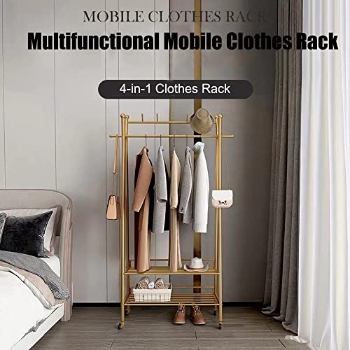 HEONITURE Gold Clothing Rack with Shelves, Rolling Garment Rack for Hanging Clothes, Heavy Duty Choset Clothes Rack for Indoor Bedroom Sturdy Steel Frame(31.5")