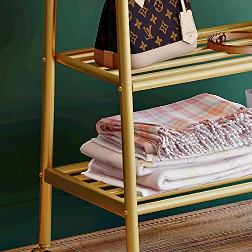 HEONITURE Gold Clothing Rack with Shelves, Rolling Garment Rack for Hanging Clothes, Heavy Duty Choset Clothes Rack for Indoor Bedroom Sturdy Steel Frame(31.5")