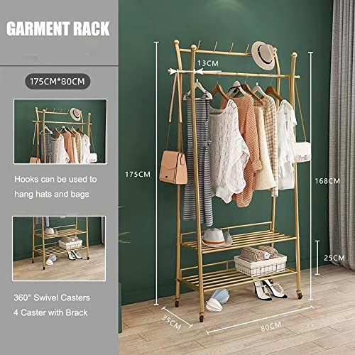 HEONITURE Gold Clothing Rack with Shelves, Rolling Garment Rack for Hanging Clothes, Heavy Duty Choset Clothes Rack for Indoor Bedroom Sturdy Steel Frame(31.5")