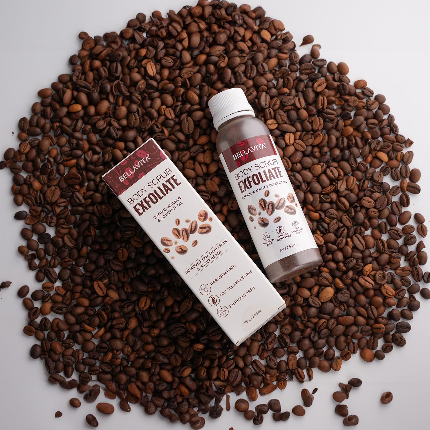 Bella Vita Organic Exfoliate Coffee Scrub For Face & Body, Blackhead Remover, De Tan Removal Ayurveda, Dirt Removal From Neck, Knees, Elbows, Arms 75 g