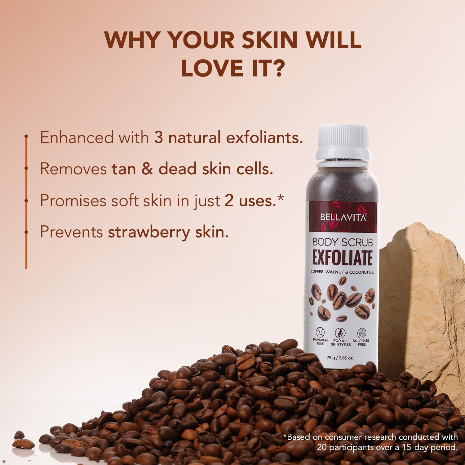 Bella Vita Organic Exfoliate Coffee Scrub For Face & Body, Blackhead Remover, De Tan Removal Ayurveda, Dirt Removal From Neck, Knees, Elbows, Arms 75 g