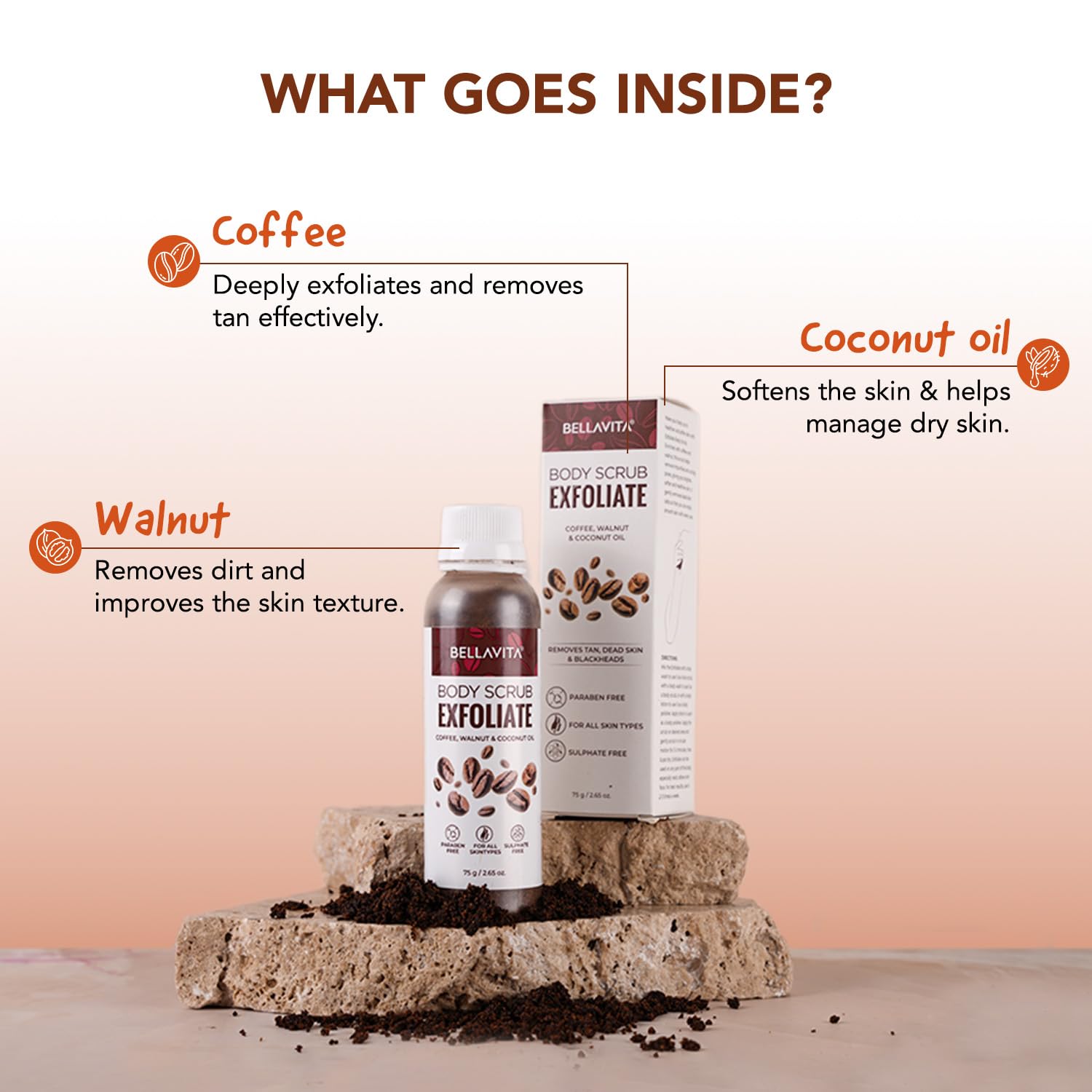 Bella Vita Organic Exfoliate Coffee Scrub For Face & Body, Blackhead Remover, De Tan Removal Ayurveda, Dirt Removal From Neck, Knees, Elbows, Arms 75 g