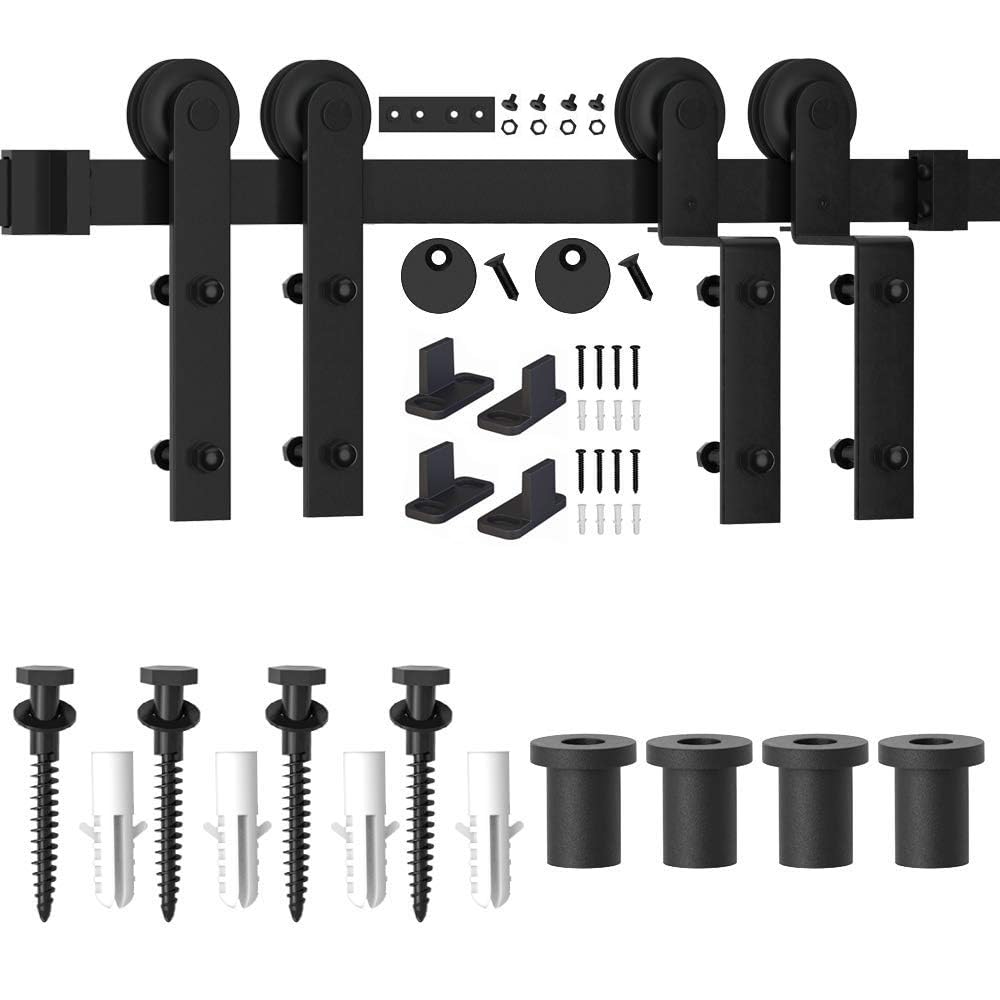 WINSOON 5FT Single Track Bypass Sliding Barn Door Hardware Kit for Double Doors, Low Ceiling, Easy Mount, Heavy Duty, Slide Quietly and Smoothly