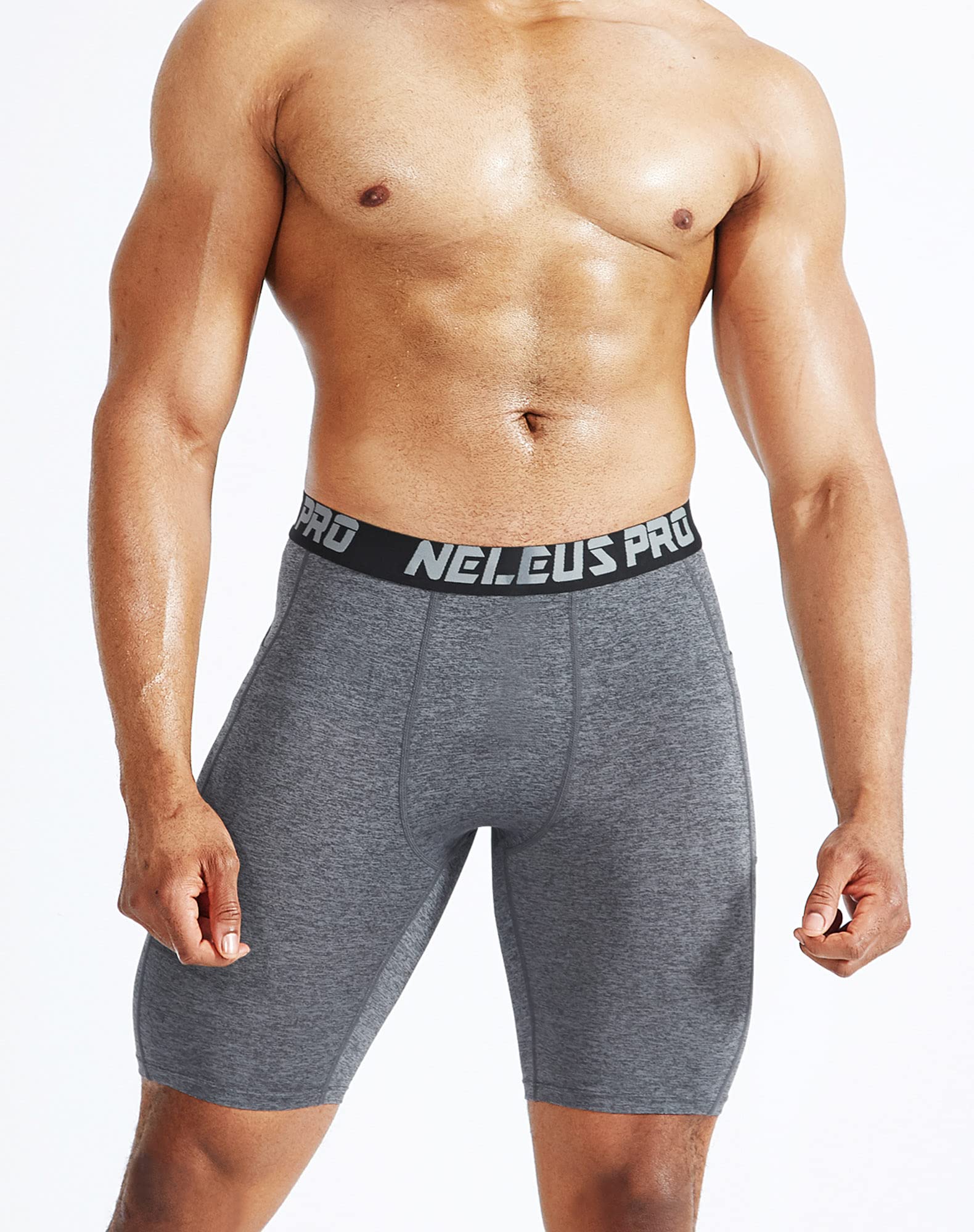 NELEUS Men's 3 Pack Compression Shorts with Pockets Dry Fit Yoga Running Shorts,6063,Black/Grey/Navy Blue,US 2XL,EU 3XL