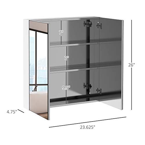 kleankin Bathroom Mirrored Cabinet, 24"x26" Stainless Steel Frame Medicine Cabinet, Wall-Mounted Storage Organizer with Double Doors, Silver