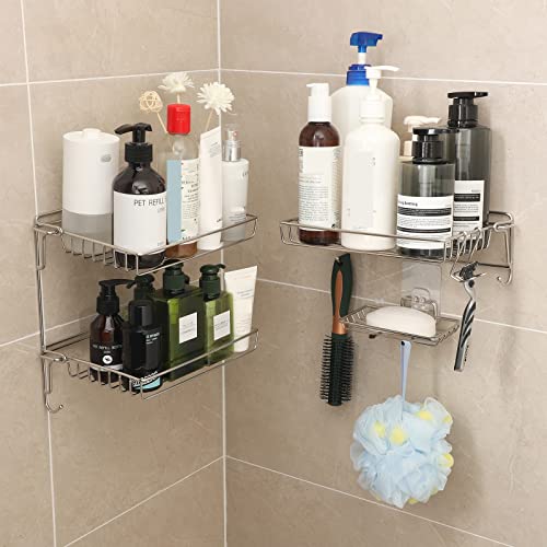 Luoer&Zima Shower Caddy 3-Layers Bathroom Shelf, No Drilling Traceless Adhesive Collapsible Bathroom Storage Organizer, Stainless Steel Rustproof Food Storage Basket 4 Pack