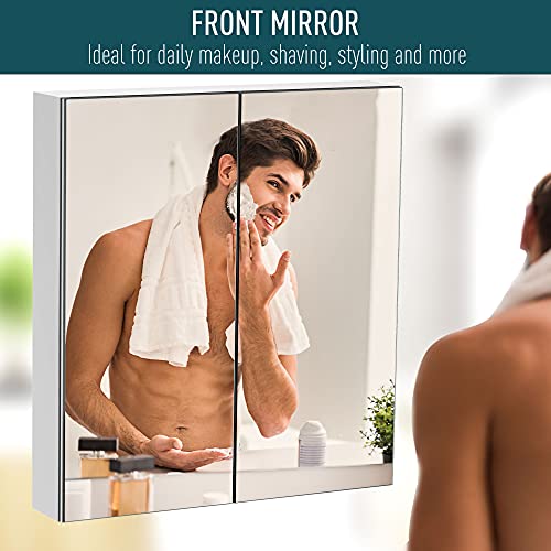 kleankin Bathroom Mirrored Cabinet, 24"x26" Stainless Steel Frame Medicine Cabinet, Wall-Mounted Storage Organizer with Double Doors, Silver