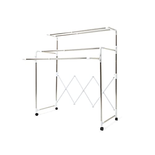 RYGOAL Clothing Racks for Hanging Clothes, 3 Tier Heavy Duty Garment Rack with Retractable Hanging Pole and 360° Rolling Casters, Multifunctional Bedroom Clothes Rack Freestanding Closet Wardrobe Rack
