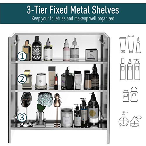 kleankin Bathroom Mirrored Cabinet, 24"x26" Stainless Steel Frame Medicine Cabinet, Wall-Mounted Storage Organizer with Double Doors, Silver