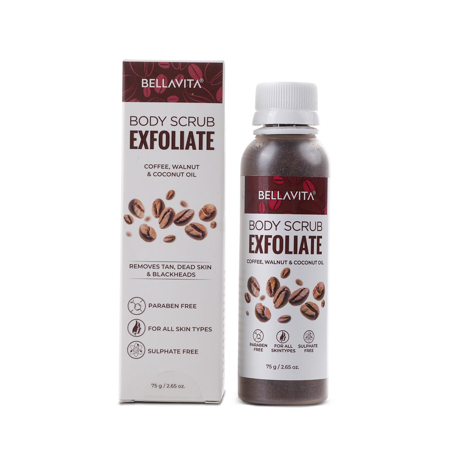 Bella Vita Organic Exfoliate Coffee Scrub For Face & Body, Blackhead Remover, De Tan Removal Ayurveda, Dirt Removal From Neck, Knees, Elbows, Arms 75 g