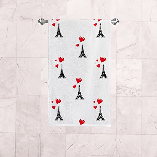Hand Bath Towels 2 Pack Hearts and Eiffel Tower Absorbent Face Fingertip Towels for Bathroom Kitchen Gym Spa Soft Hair Drying Cloth Quick Dry, 30 x 15 Inch