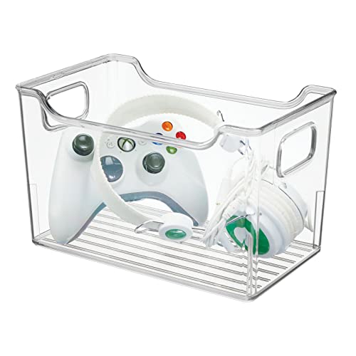 mDesign Deep Plastic Storage Organizer Container Bin, Game and Comic Organization for Cabinet, Cupboard, Playroom, Shelves, or Closet - Holds Video Games, Tablets, DVDs, or Controllers, 4 Pack, Clear
