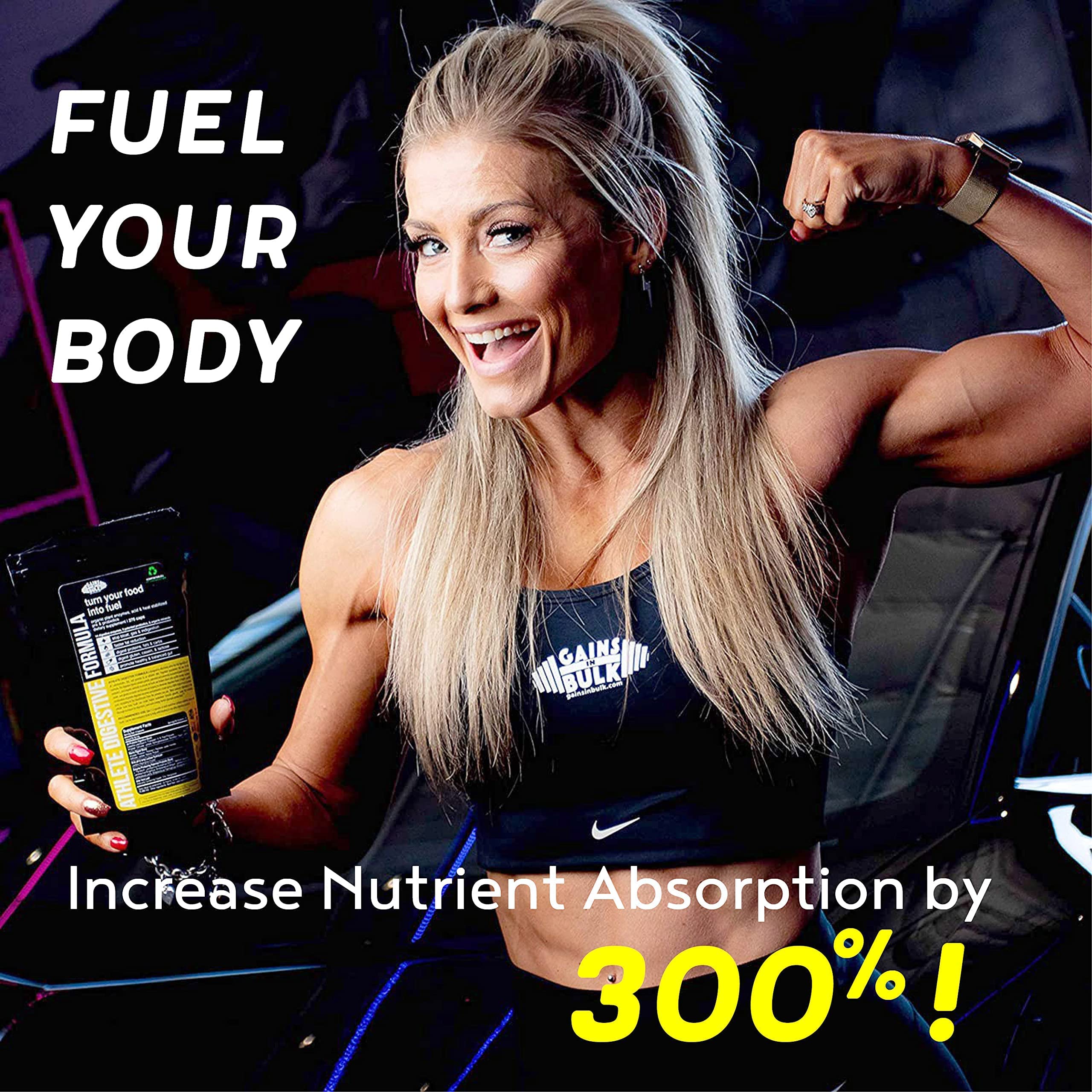 Gains in Bulk, Athlete Digestive Formula, Digestive Enzymes and Probiotics (90 Count) 8 Strains of Live probiotics, 16 Different Plant enzymes. Patented Stabilized Probiotics