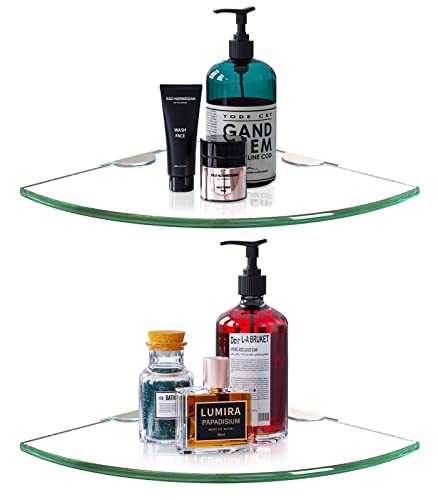 AIBLOM 2 Tier Clear Tempered Glass Floating Shelf, Shower Caddy Organizer Corner Shower Shelf Shampoo Soap Holder for Inside Shower Bathroom Bathtub Wall, Shower Shelves with Adhesive No Drill