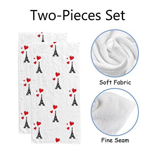 Hand Bath Towels 2 Pack Hearts and Eiffel Tower Absorbent Face Fingertip Towels for Bathroom Kitchen Gym Spa Soft Hair Drying Cloth Quick Dry, 30 x 15 Inch