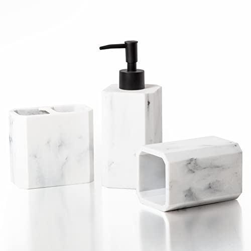 BINO Bathroom Accessories Set - Matte Marble | Soap Dispenser | Toothbrush Holder | Tumbler | 3-Piece Bathroom Organizer Countertop Set | Bathroom Decor | Home Decor | Bathroom Set