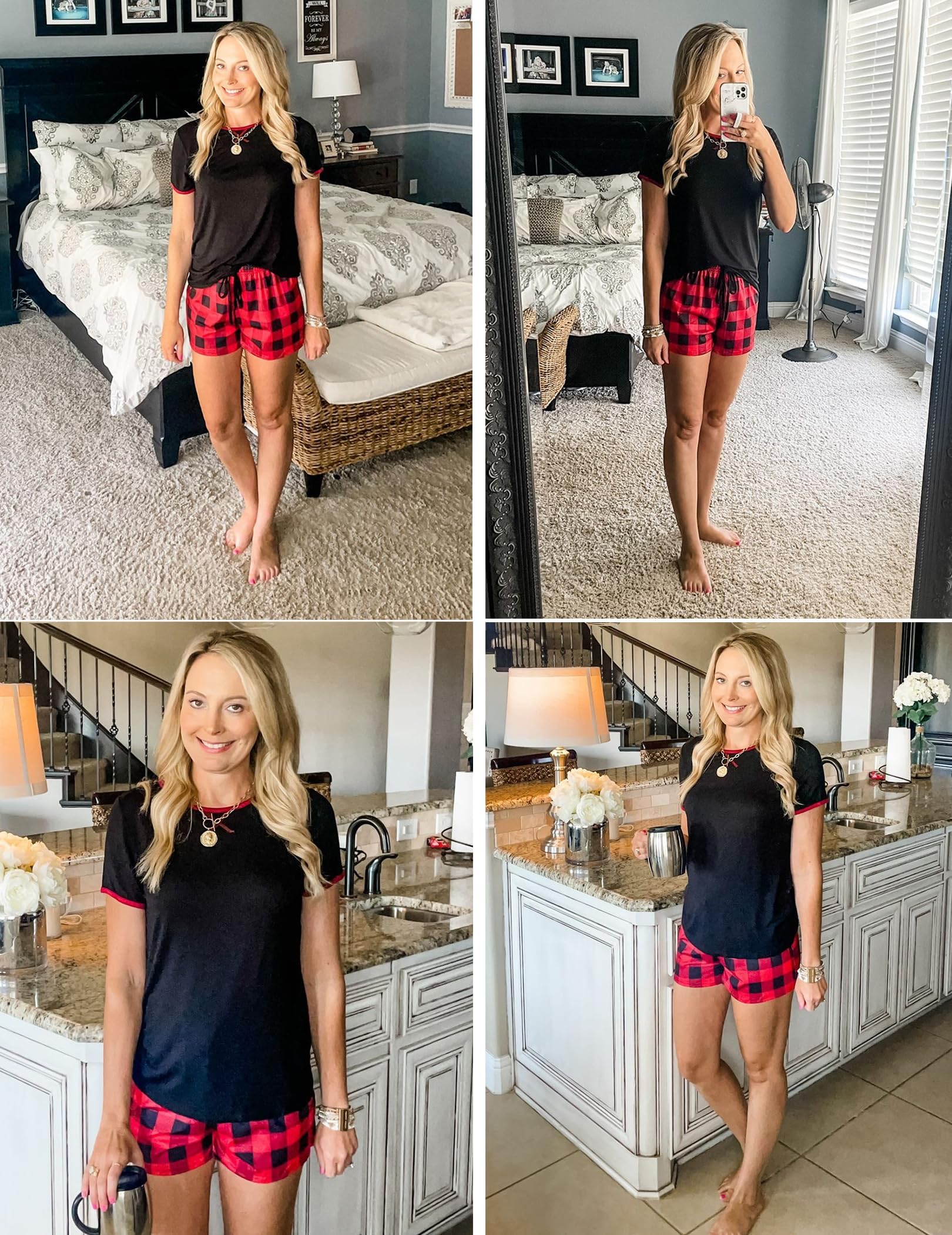 Ekouaer Women Pajama Set Casual Short Set Black and Red Plaid Medium
