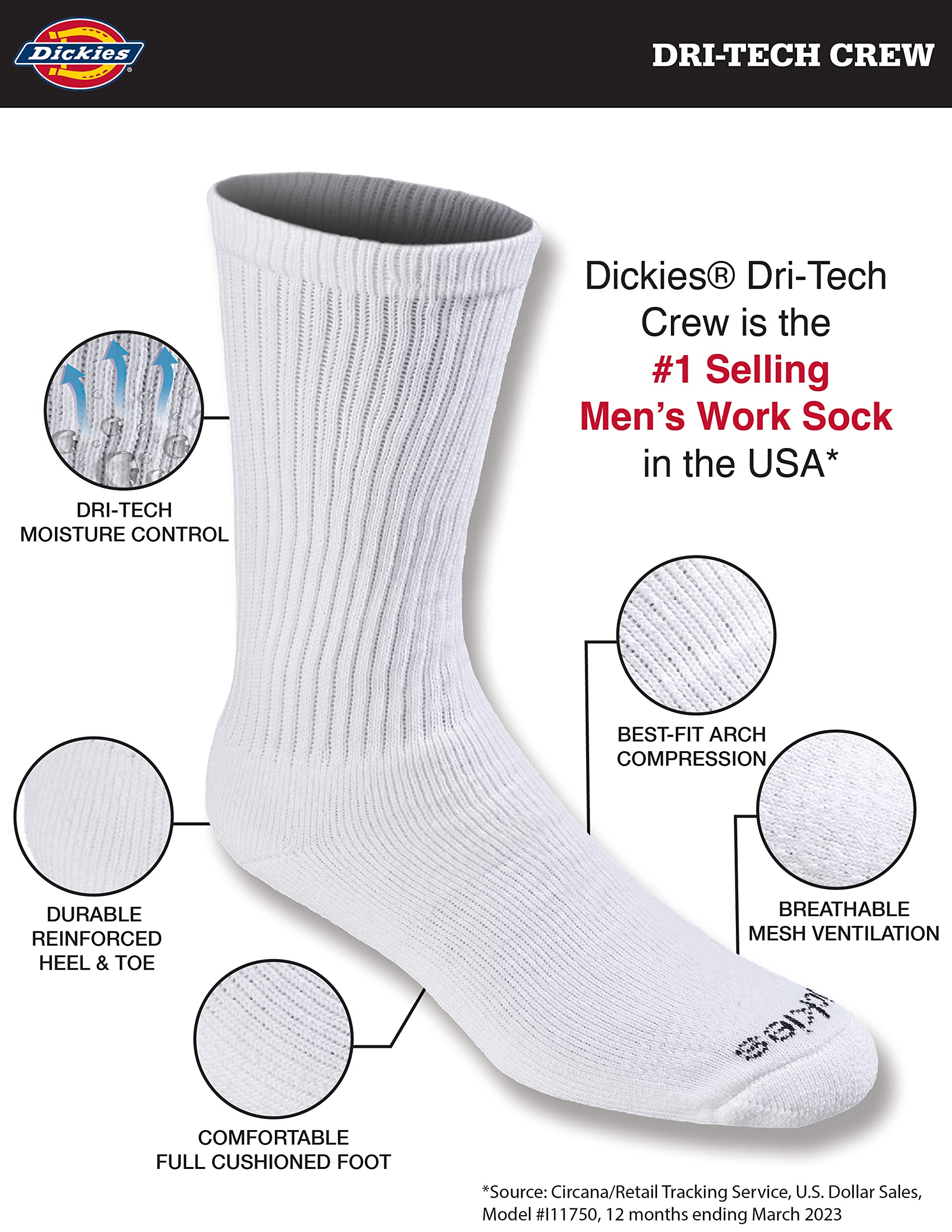 Dickies Men's Dri-Tech Essential Moisture Control Crew Socks, Available in M-XXL (6, 12, Solid White (6 Pairs), Large