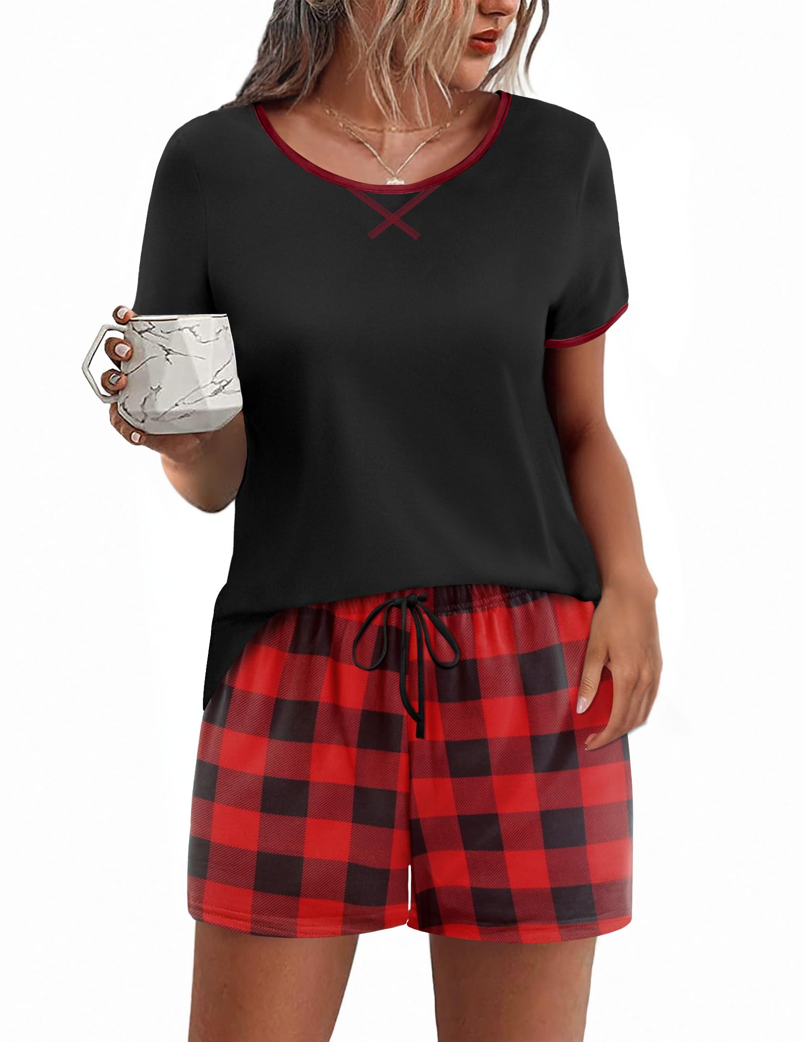 Ekouaer Women Pajama Set Casual Short Set Black and Red Plaid Medium