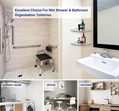 AIBLOM 2 Tier Clear Tempered Glass Floating Shelf, Shower Caddy Organizer Corner Shower Shelf Shampoo Soap Holder for Inside Shower Bathroom Bathtub Wall, Shower Shelves with Adhesive No Drill