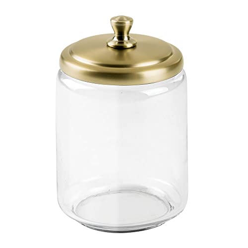 mDesign Small Modern Apothecary Storage Organizer Canister Jars - Glass Containers for Bathroom, Organization Holder for Vanity, Counter, Makeup Table, Hyde Collection, 3 Pack, Clear/Soft Brass