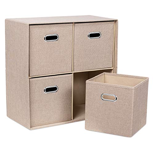 BIRDROCK HOME Cream Linen Cube Organizer Shelf with 4 Storage Bins – Strong Durable Foldable Shelf – Kid Toy Clothes Towels Cubby – Collapsible Bedroom Fabric Shelves and Cubes