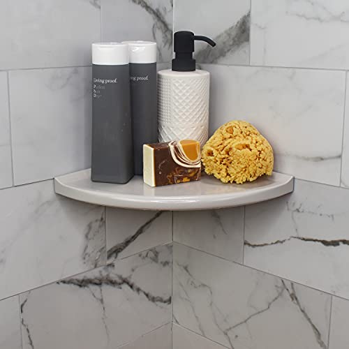 Questech Décor 10 Inch Corner Shower Shelf Bathroom Caddy, Lugged For New Construction, Corner Shower Shelf For Tiled Shower Walls, Bathroom Corner Shelf, 10 Inch Metro Lugged, Cool Gray Polished