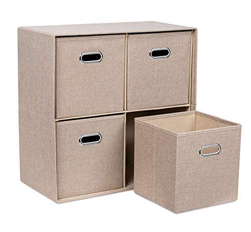 BIRDROCK HOME Cream Linen Cube Organizer Shelf with 4 Storage Bins β Strong Durable Foldable Shelf β Kid Toy Clothes Towels Cubby β Collapsible Bedroom Fabric Shelves and Cubes