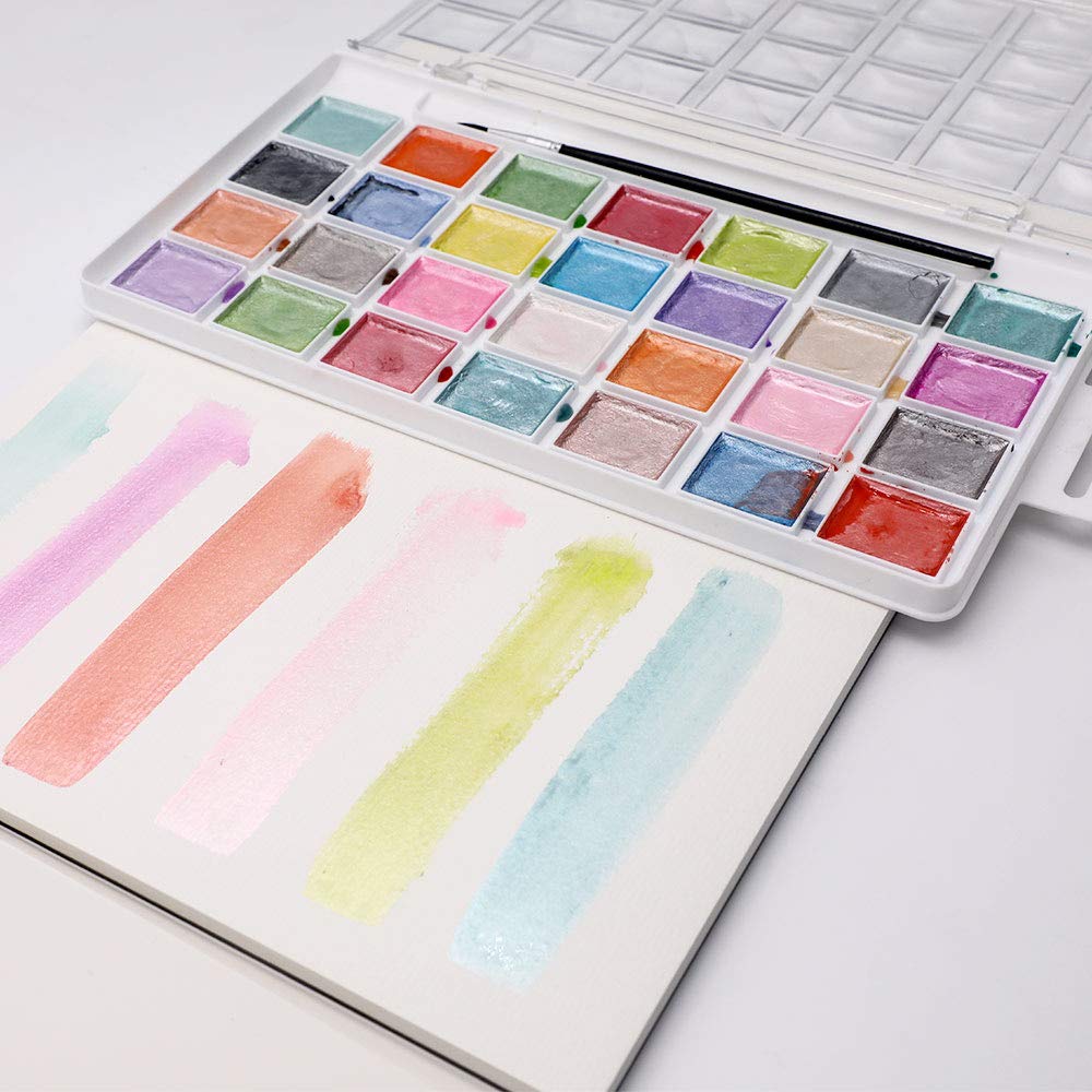 Artecho Watercolor Paint Set, 28 Glitter Metallic Colors, Semi-Moist Pearlescent Water color, Ideal for Beginners and Artists