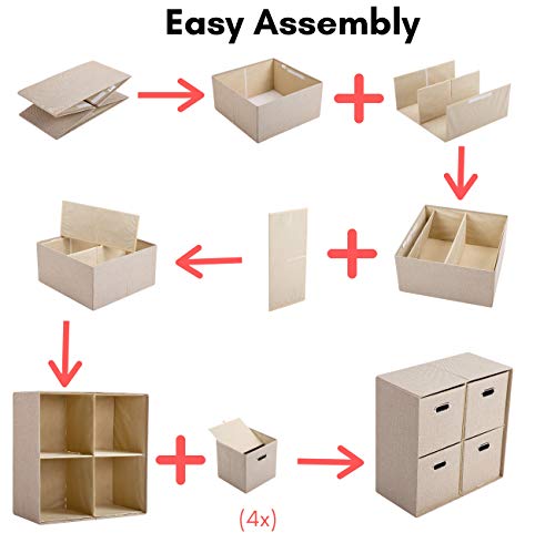 BIRDROCK HOME Cream Linen Cube Organizer Shelf with 4 Storage Bins β Strong Durable Foldable Shelf β Kid Toy Clothes Towels Cubby β Collapsible Bedroom Fabric Shelves and Cubes