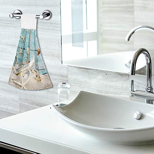KOCOART Starfish and Seashell Bathroom Hand Towels Beach Sand Wood Hanging Kitchen Dish Towel with Loop 2PCS, Soft Super Absorbent Washcloth Fingertip Towel for Home Decor 12x17 in