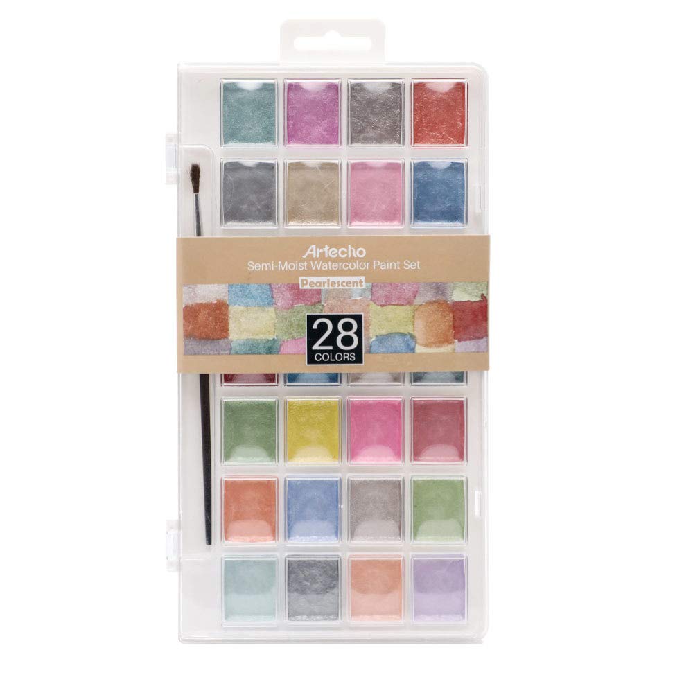 Artecho Watercolor Paint Set, 28 Glitter Metallic Colors, Semi-Moist Pearlescent Water color, Ideal for Beginners and Artists
