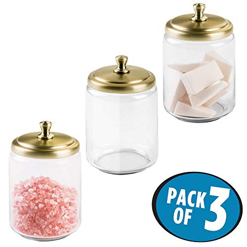 mDesign Small Modern Apothecary Storage Organizer Canister Jars - Glass Containers for Bathroom, Organization Holder for Vanity, Counter, Makeup Table, Hyde Collection, 3 Pack, Clear/Soft Brass