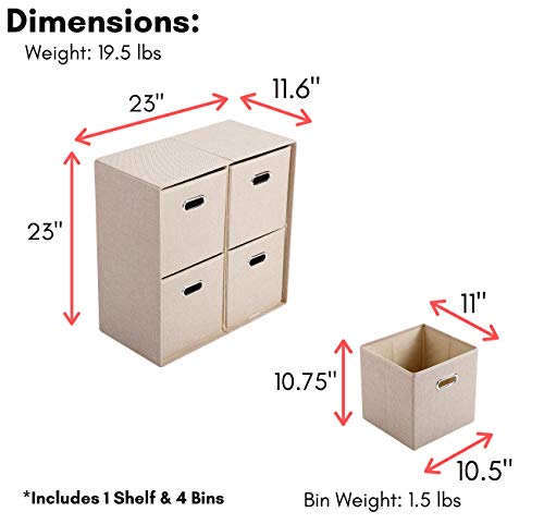BIRDROCK HOME Cream Linen Cube Organizer Shelf with 4 Storage Bins β Strong Durable Foldable Shelf β Kid Toy Clothes Towels Cubby β Collapsible Bedroom Fabric Shelves and Cubes