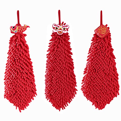 3 Pack Chenille Hanging Hand Towels Soft Absorbent Microfiber Hand Towels Plush Quick-Drying Cute Cartoon Chinese Red Hand Towel with Hanging Loops for Bathroom Kitchen(Lion+Koi+Blessing)
