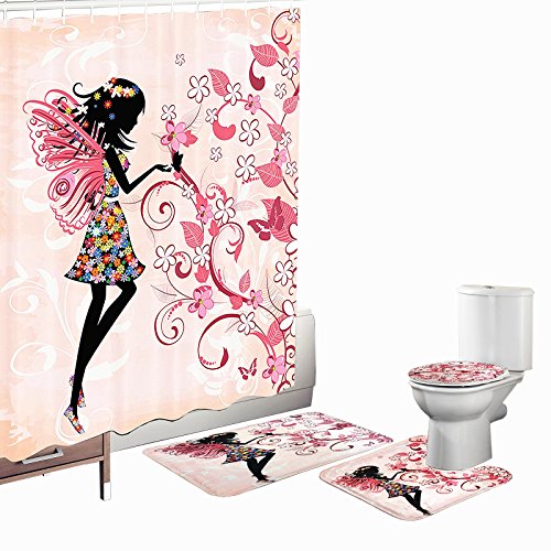 Amagical 16 Piece Girls Shower Curtain Set Bathroom Mat Set Fairy Decor Bath Mat Contour Mat Toilet Cover Pink Butterflies and Flowers Beautiful Glamour Girl with Colorful Floral Dress Angel Wings