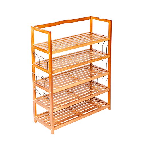 BILEK Portable Shoe Rack 5 Tier Storage Unit Shelves Shoe Shelf Storage Organizer with Hang Hooks for Entryway, Hallway, Closet, Living Room, Wood Color
